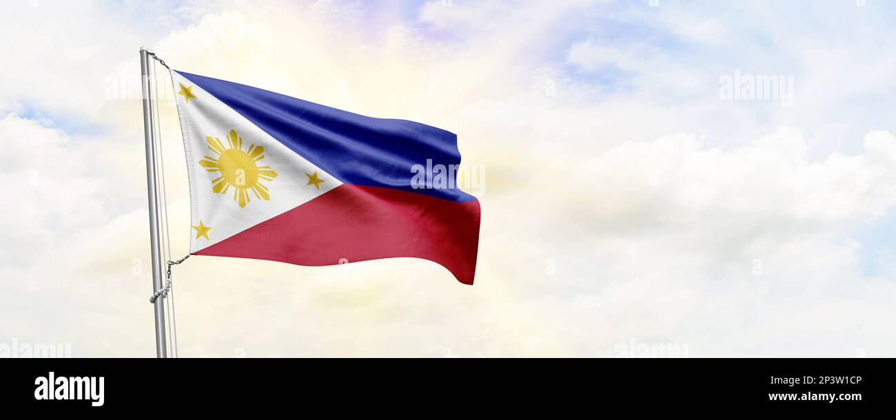 Philippines flag waving on sky background. 3D Rendering Stock Photo - Alamy