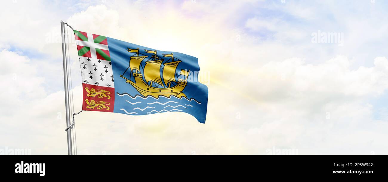 Saint Pierre and Miquelon flag waving on sky background. 3D Rendering ...