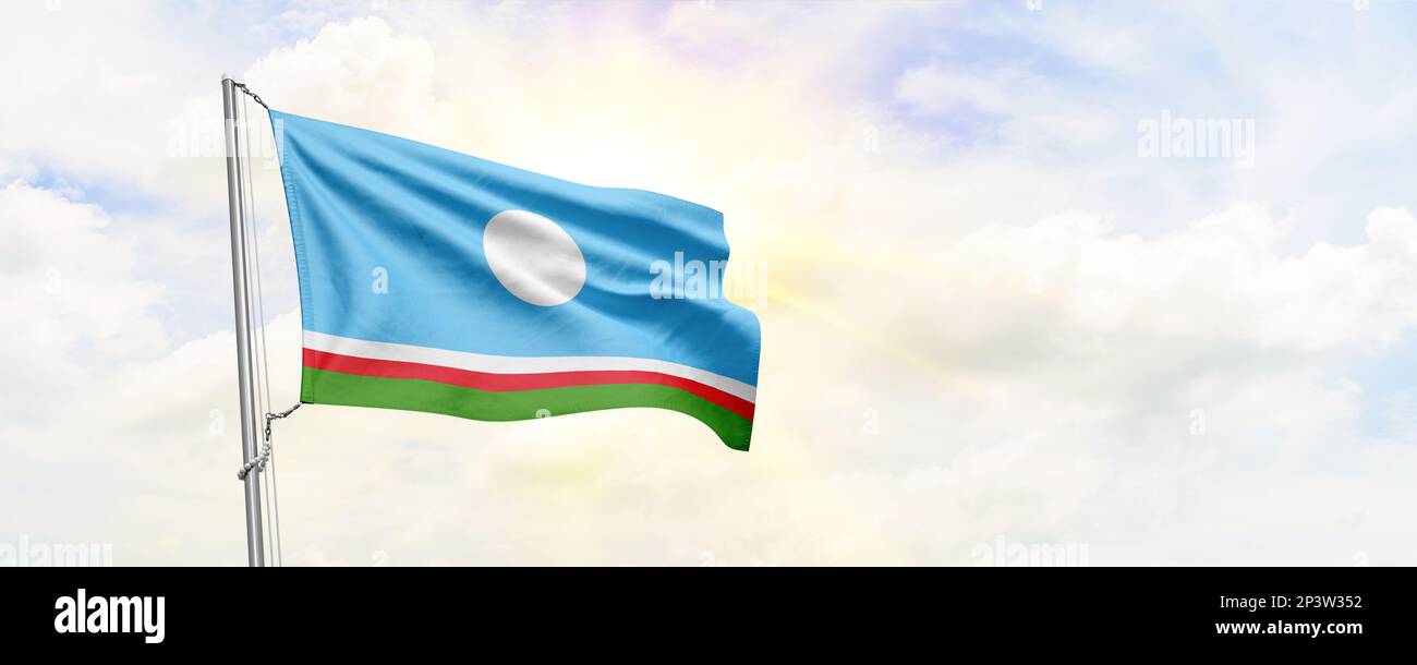 Sakha Republic flag waving on sky background. 3D Rendering Stock Photo ...