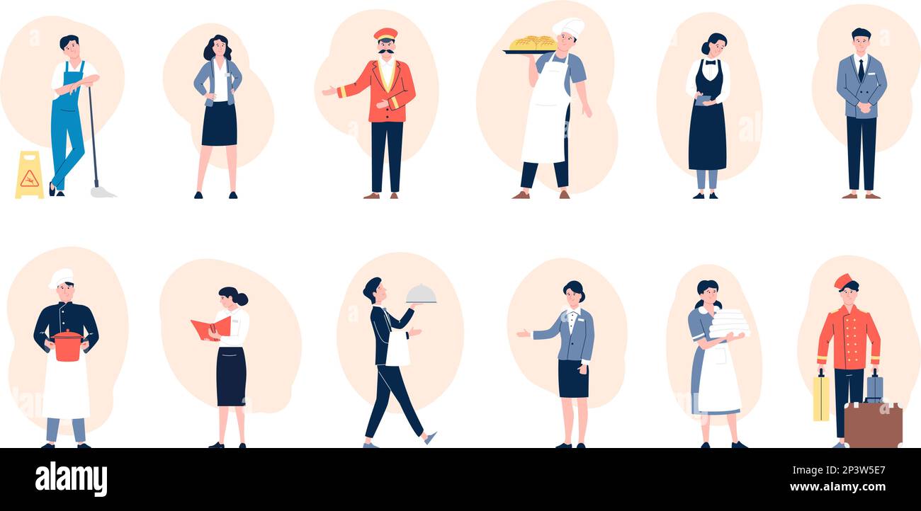 Flat hospitality workers, hotel restaurant team. People wear uniform ...