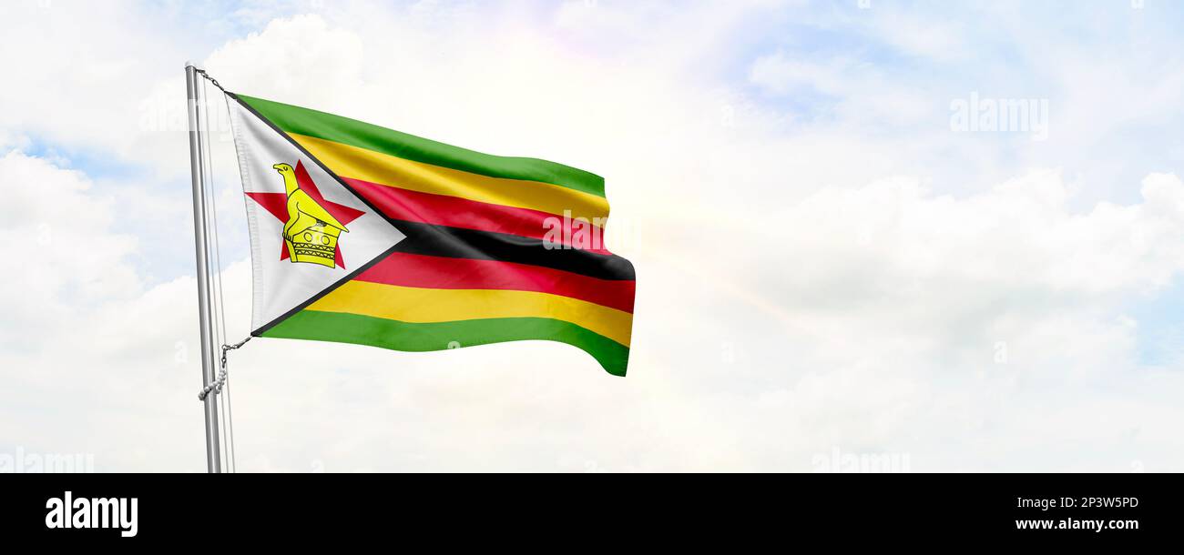 Zimbabwe flag waving on sky background. 3D Rendering Stock Photo - Alamy