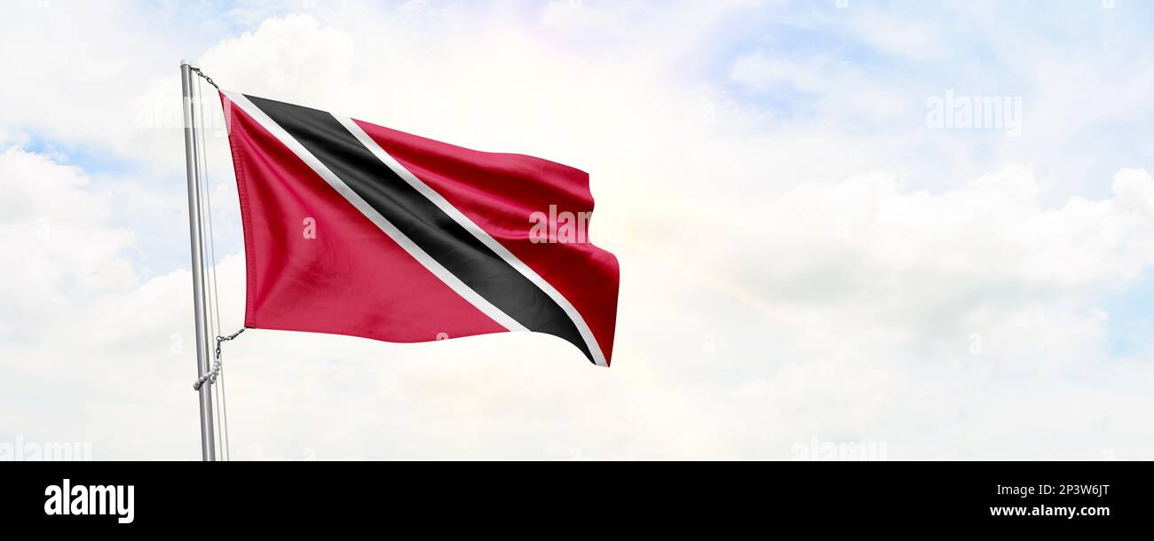 Trinidad and Tobago flag waving on sky background. 3D Rendering Stock ...