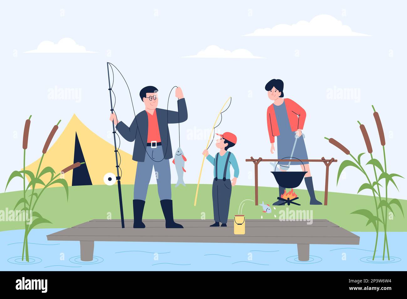 Family recreation on nature, father son fishing in pond. Parents with kid in hike, fisherman ...