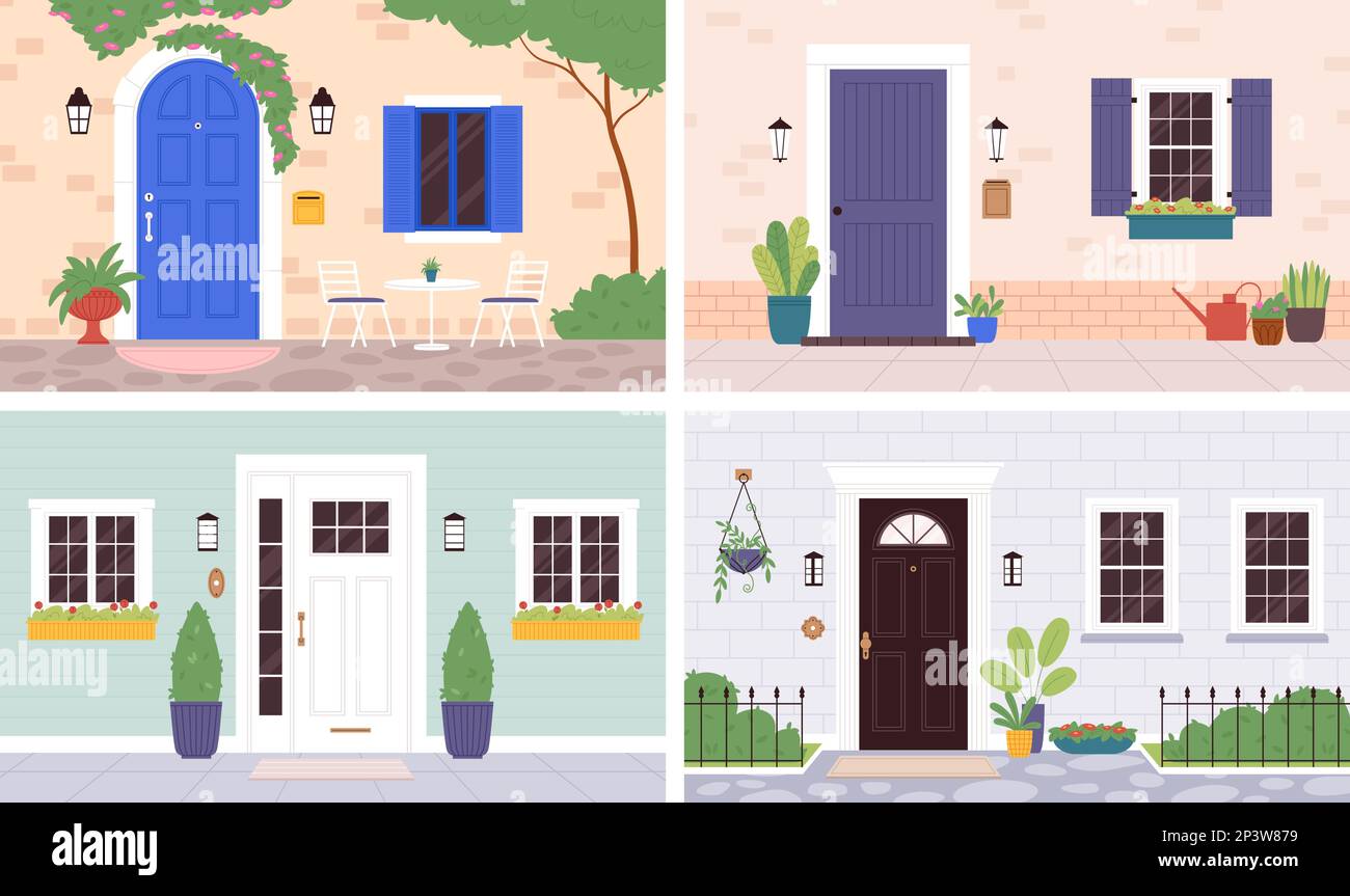 House entrance exterior, wooden doors and plants. Outside wall ...