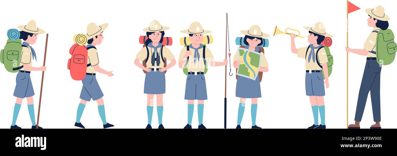 Scouts and ranger group, survival and explorer children team. Hiking on ...