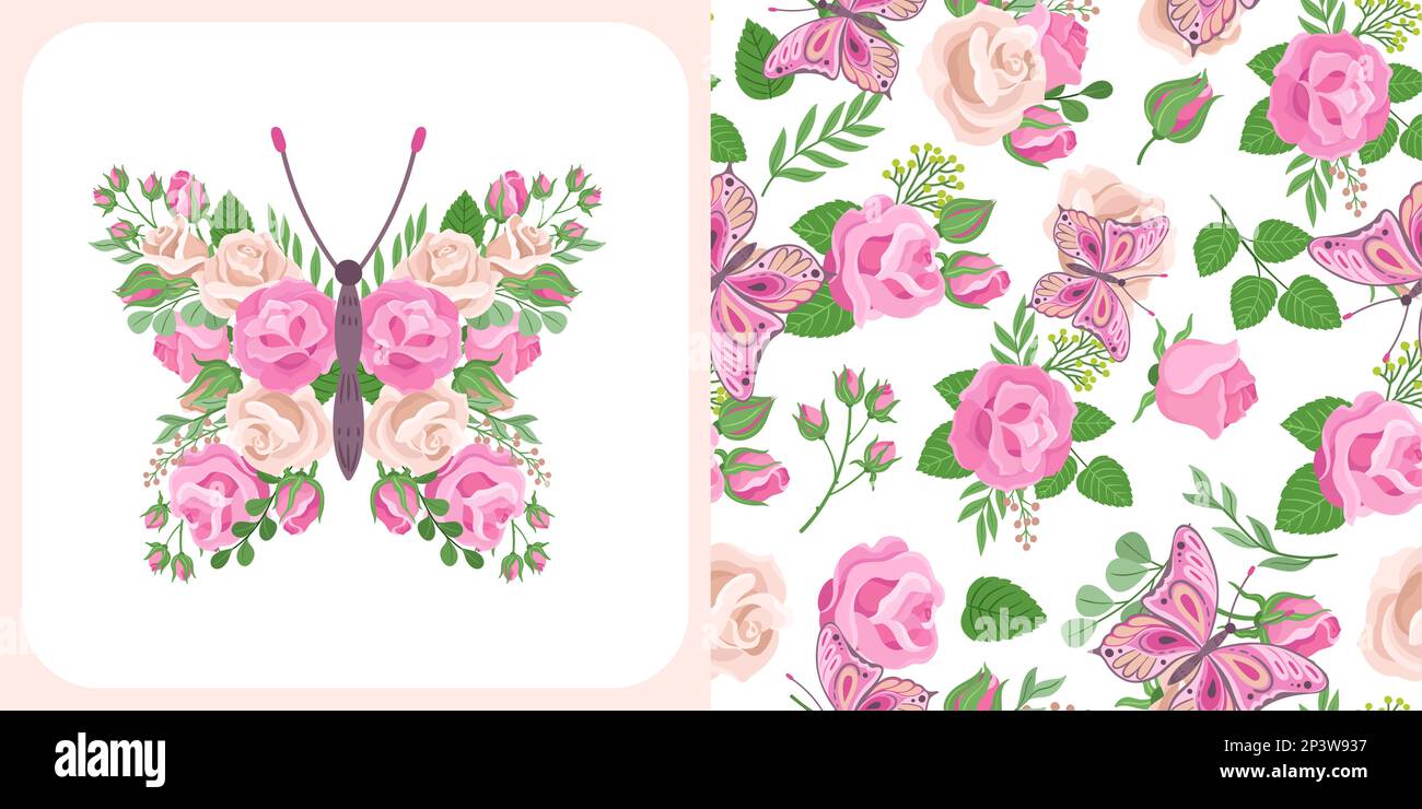Romantic flower butterfly, pink beige roses and green branches and ...