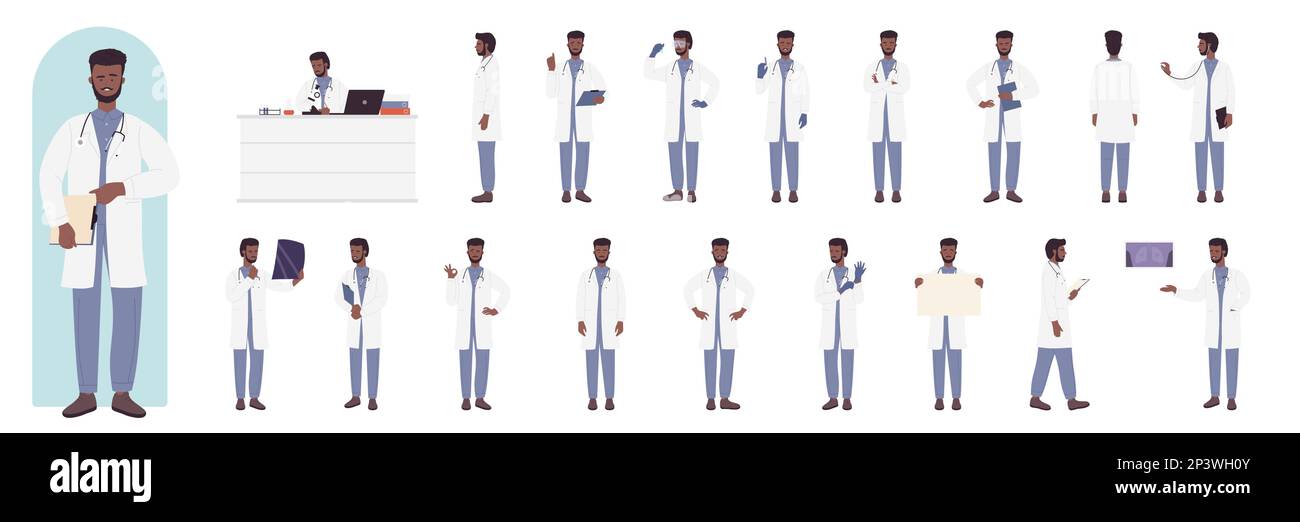 Cartoon man doctor sitting thinking standing, holding patient xray ...