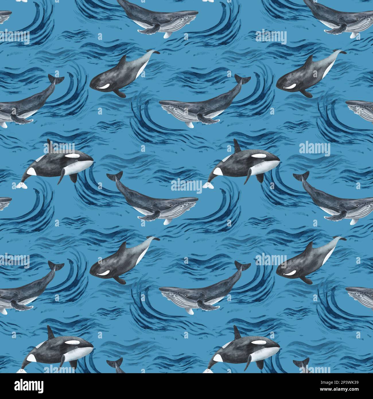 killer and humpback whale seamless pattern. watercolor arctic ice and ...