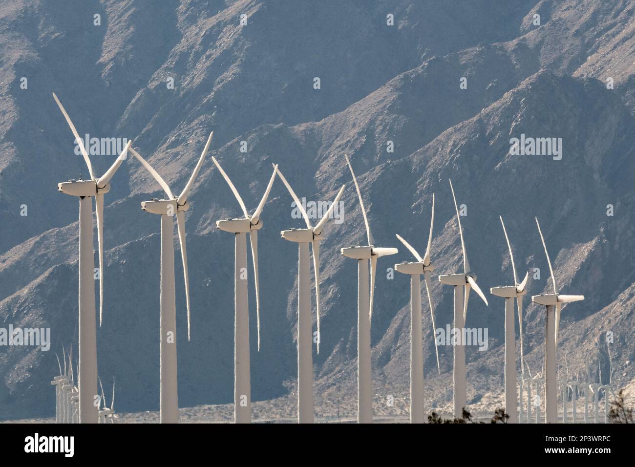 Fields of wind turbines seen in the desert of California during the day ...