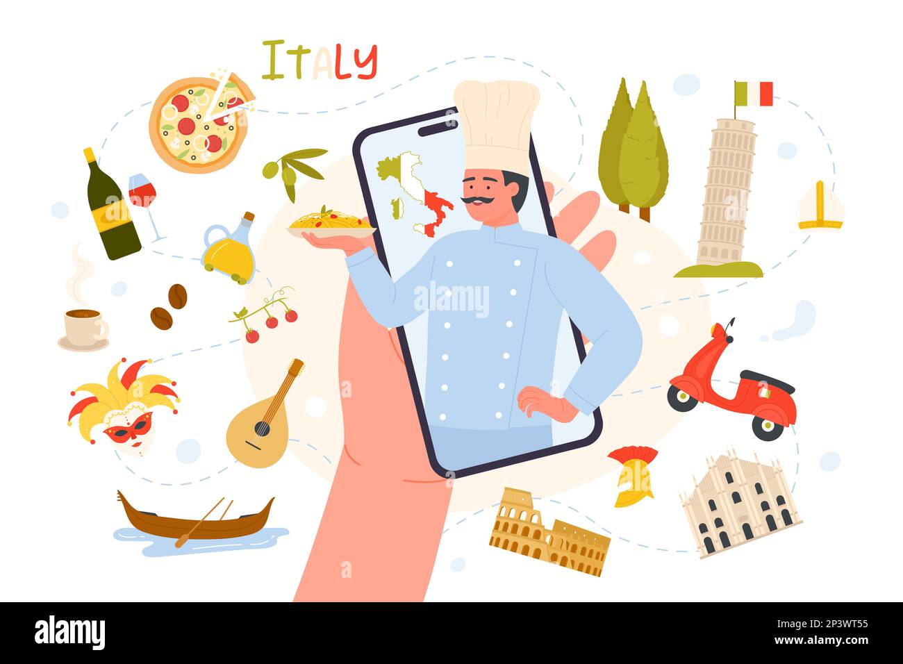 Travel to Italy vector illustration. Cartoon hand holding phone with ...