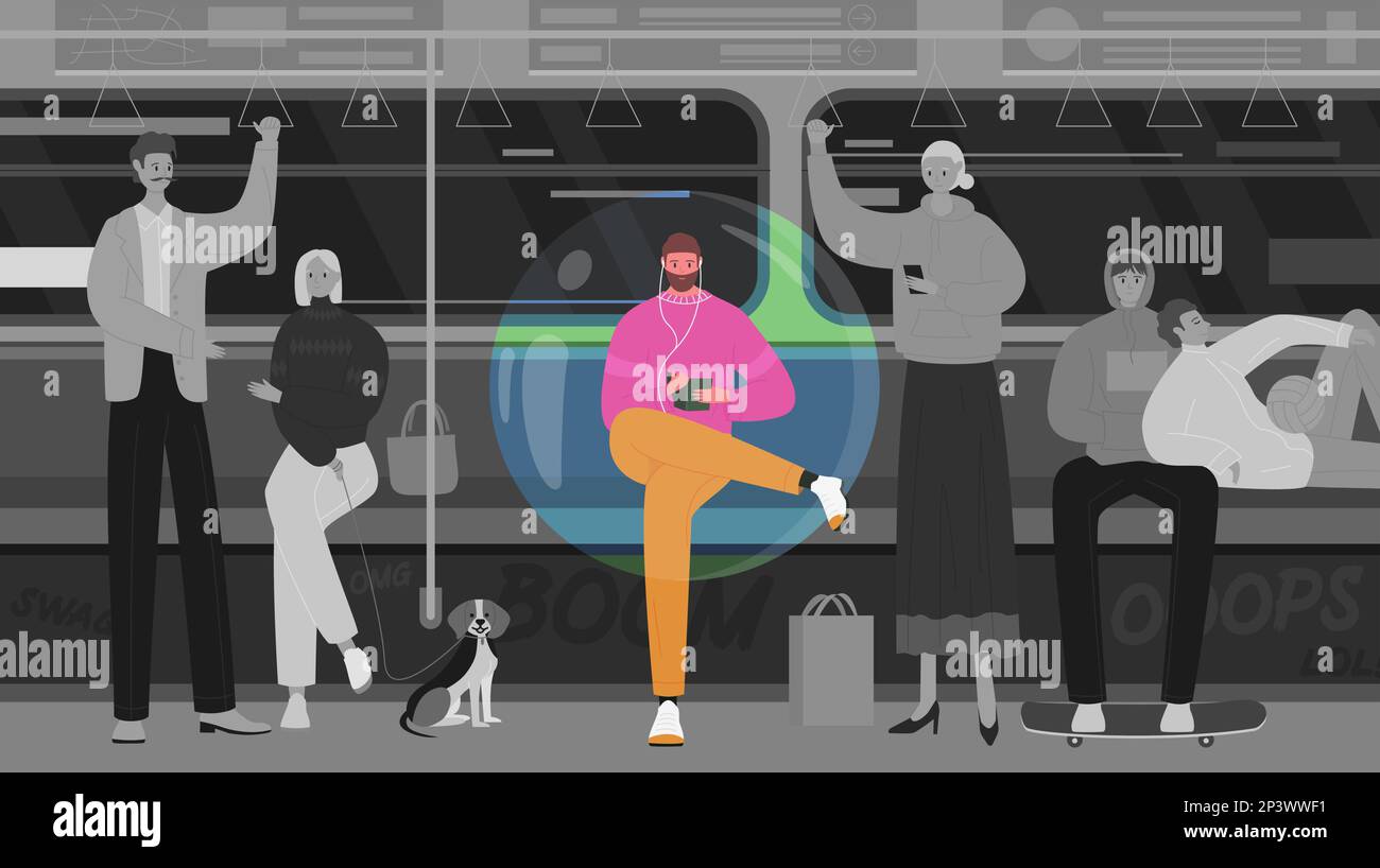 Happy introvert inside bubble of personal space vector illustration ...