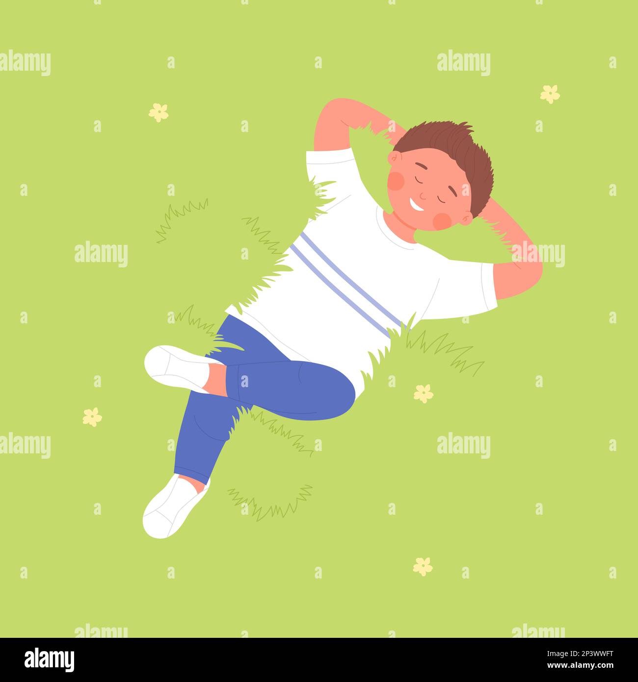 Happy cute boy lying on carpet grass in park or garden, top view vector ...