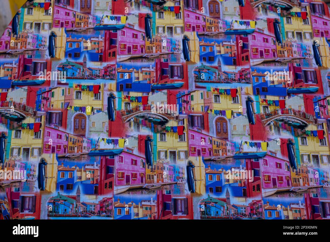 Colourful houses printed on material outside a fabric shop on Burano ...