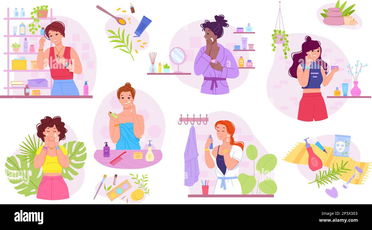 Women skincare routine. Beautiful brunette woman making cleansing care ...