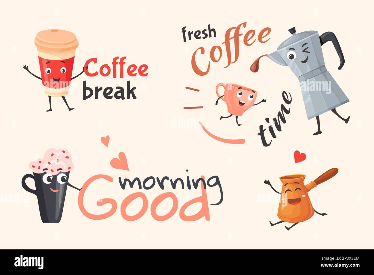 Coffee pot characters. Cartoon moka coffeepot and coffe cup friends ...