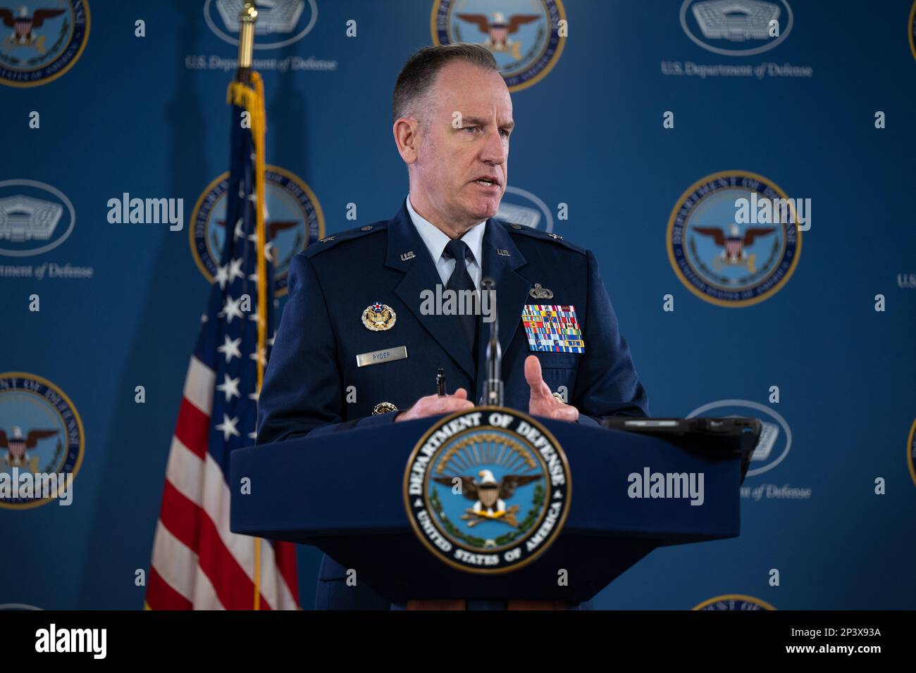 Pentagon Press Secretary U.S. Air Force Brig. Gen. Pat Ryder conducts a ...