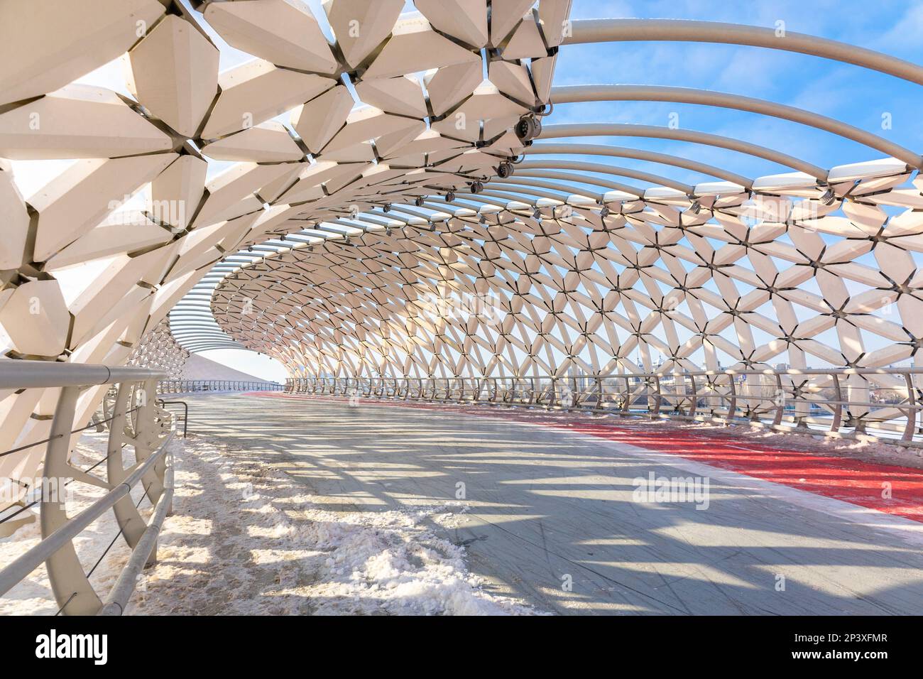 Modern architectural urbanistic Atyrau fish bridge across Ishim river ...
