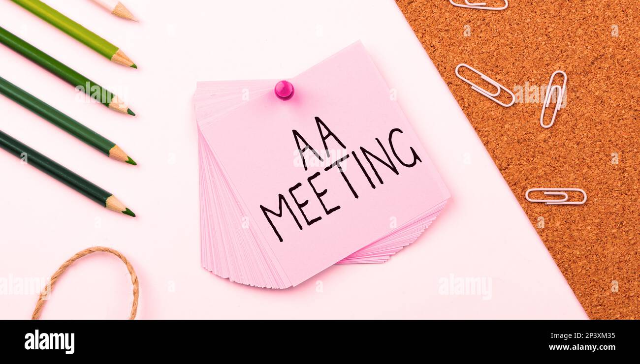 Hand writing sign Aa Meeting. Word for gathering of alcohol addicted ...