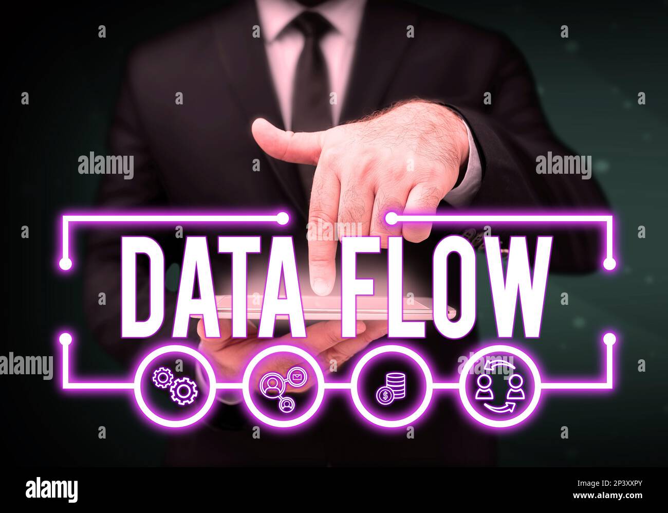 Conceptual caption Data Flow. Business showcase the movement of data through a system comprised ...