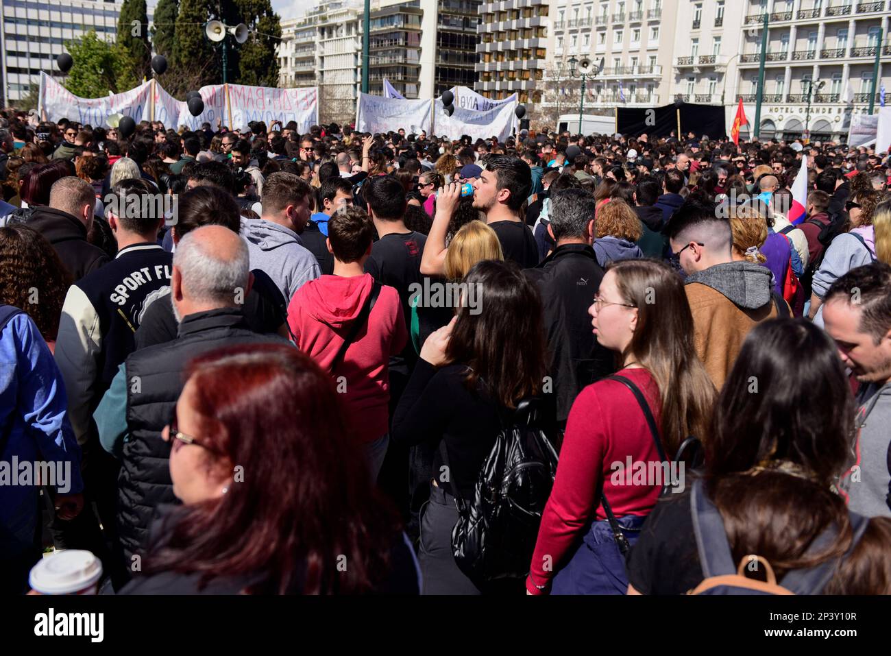 Athens, Greece. 5th Mar, 2023. Thousands hold banners and shout slogans ...