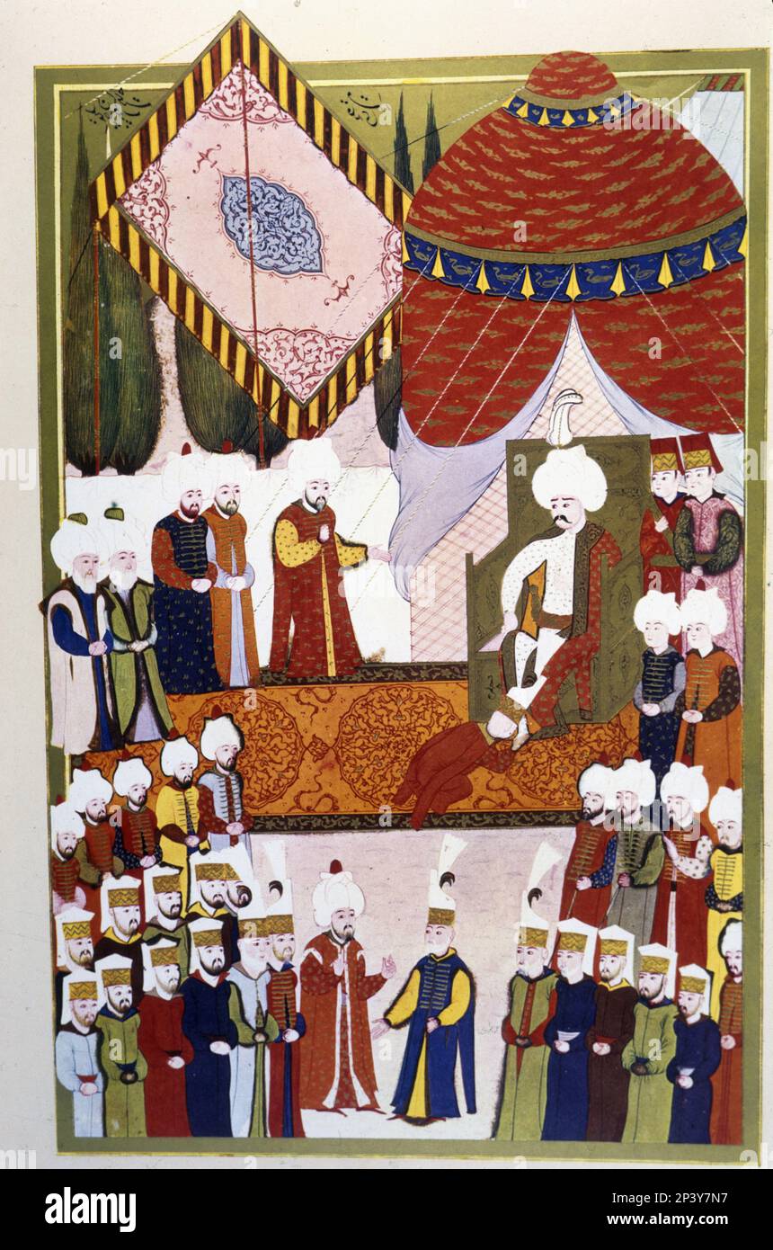 Sultan Selim at his court, Turkish miniature, 16th century Stock Photo ...