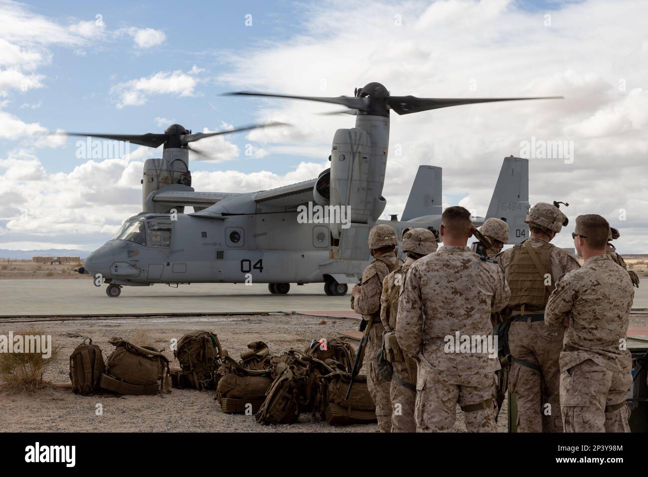 U.S. Marines with Marine Wing Support Squadron (MWSS) 272 look at an MV-22B Osprey at Marine ...