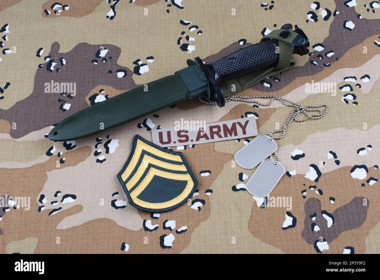US ARMY Desert Battle Dress Uniform with bayonet and dog tags and staff ...