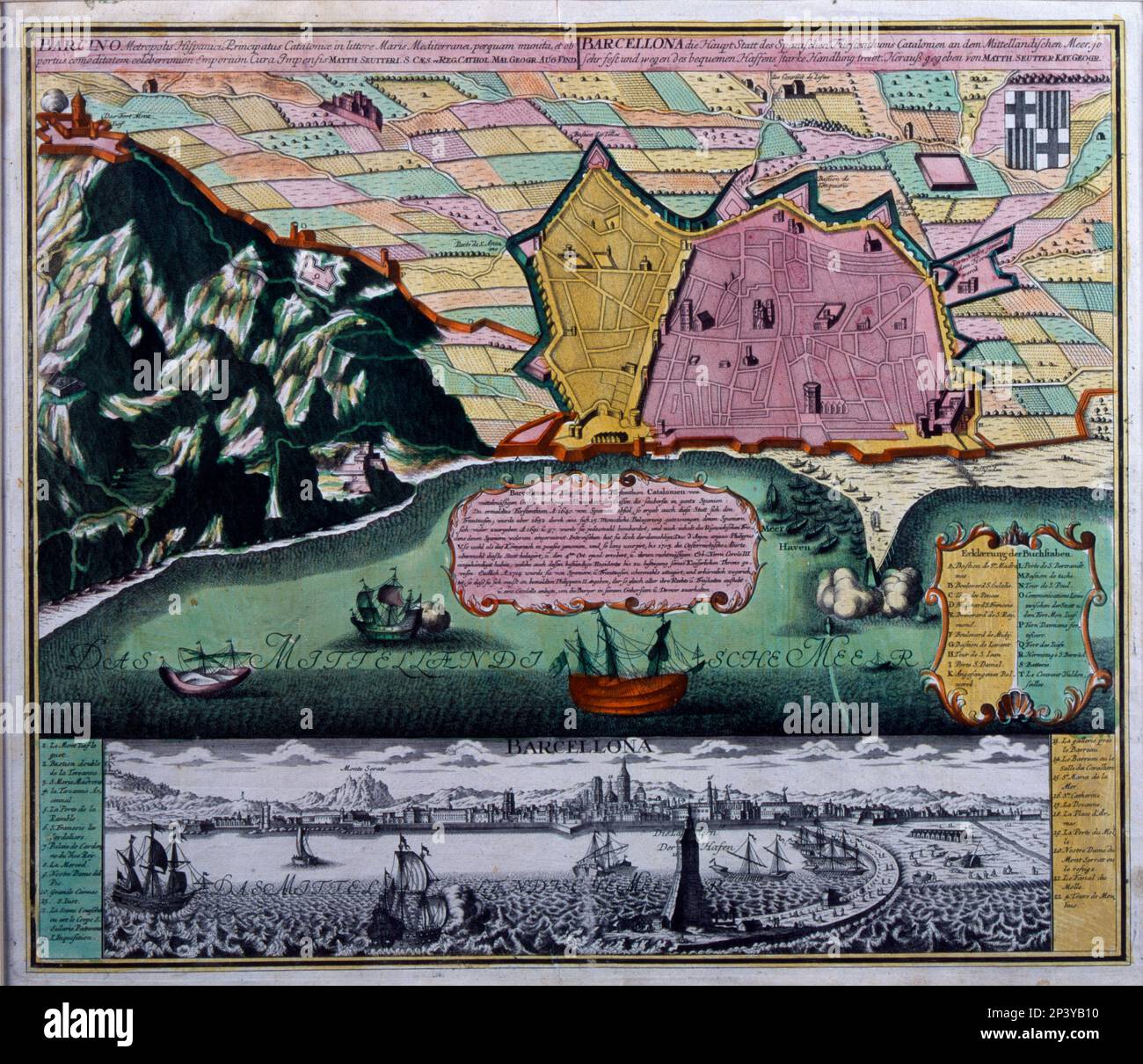 Coloured plan of the walled city of Barcelona seen from the sea ...