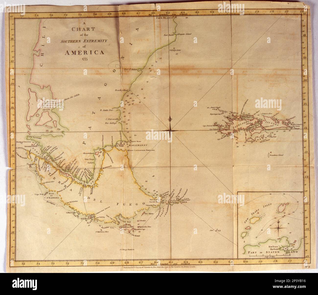 Coloured nautical chart of the end of South America with the Strait of ...