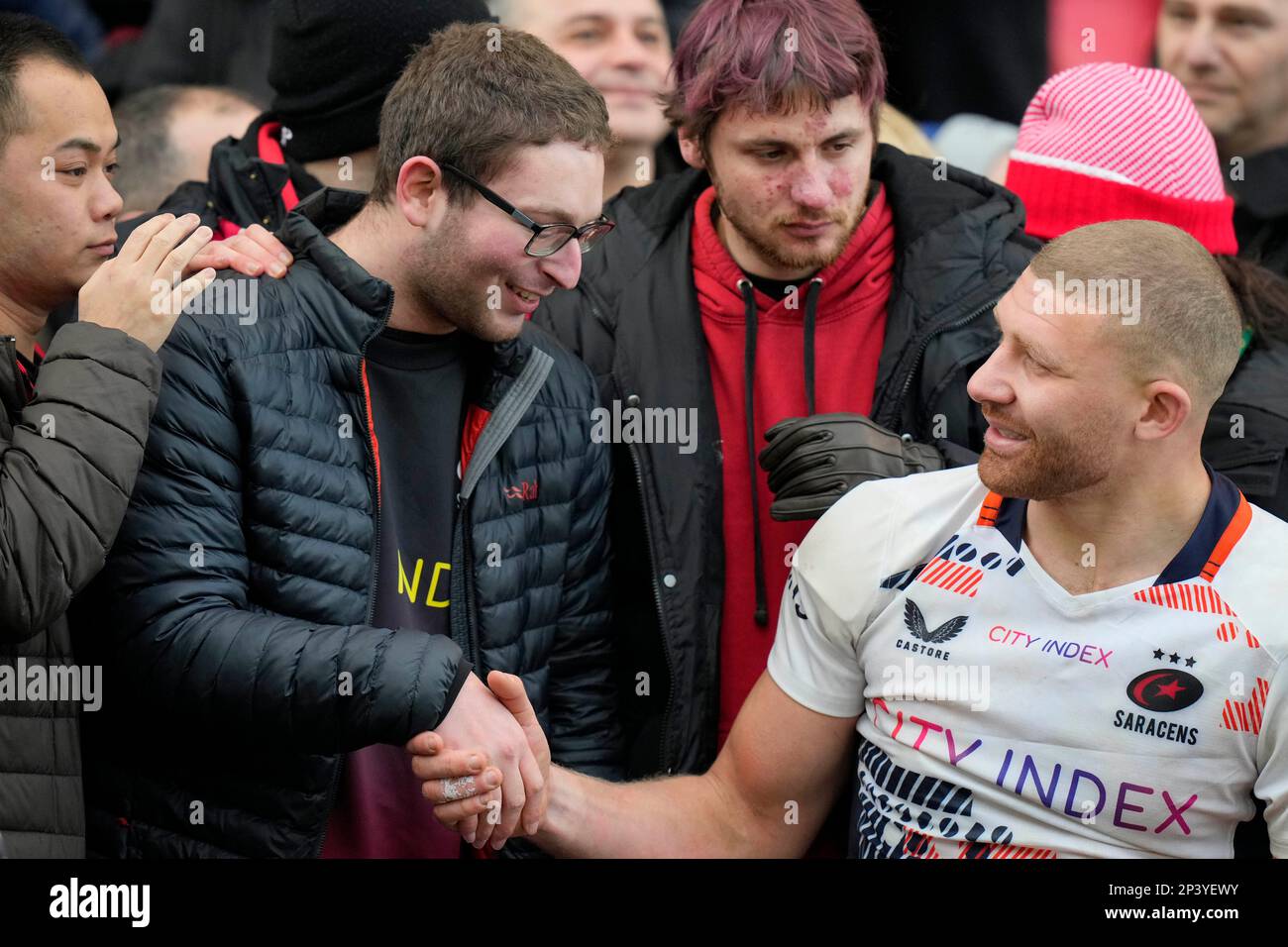 Nick Isiekwe #4 of Saracens chats with fans after the Gallagher ...