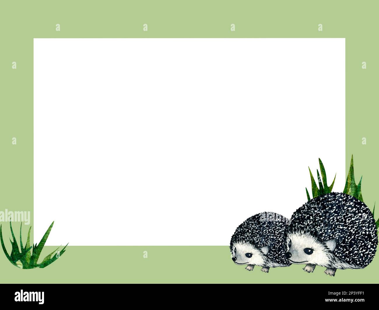 Watercolor frame with hedgehog and hare, rabbit on white background ...