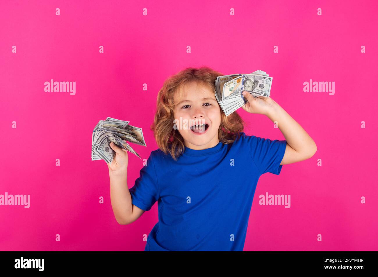 Studio portrait of child with money banknotes. Kid with money for ...