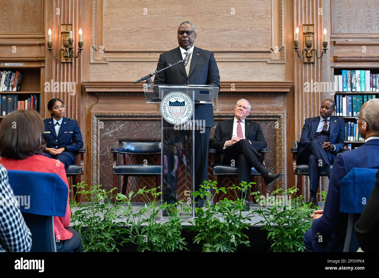 Secretary of Defense Lloyd Austin speaks during a ceremony at Howard ...