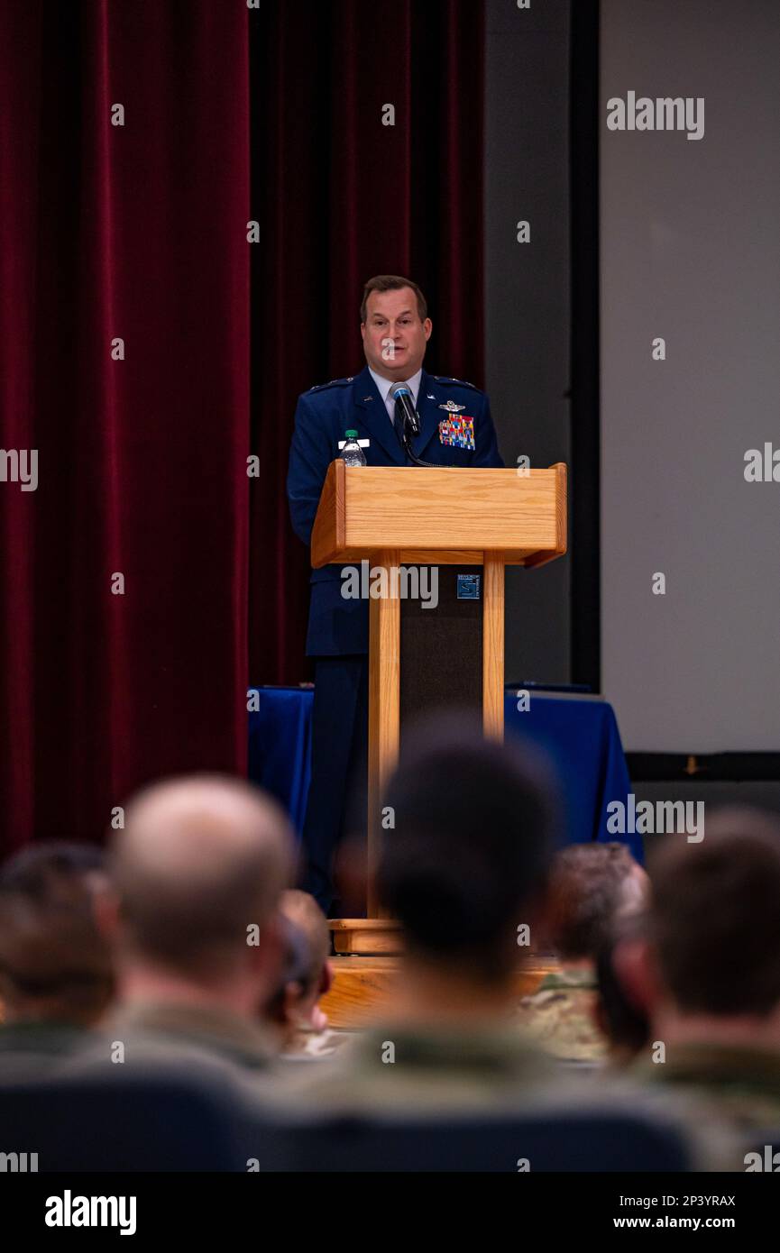 Maj. Gen. Phillip Stewart, 19th Air Force commander, addresses members ...
