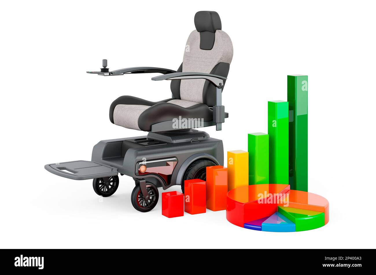 Motorized Power Chair with growth bar graph and pie chart. 3D rendering ...