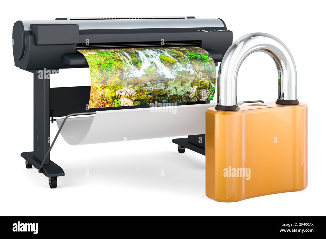 Plotter, large format inkjet printer with padlock, 3D rendering ...