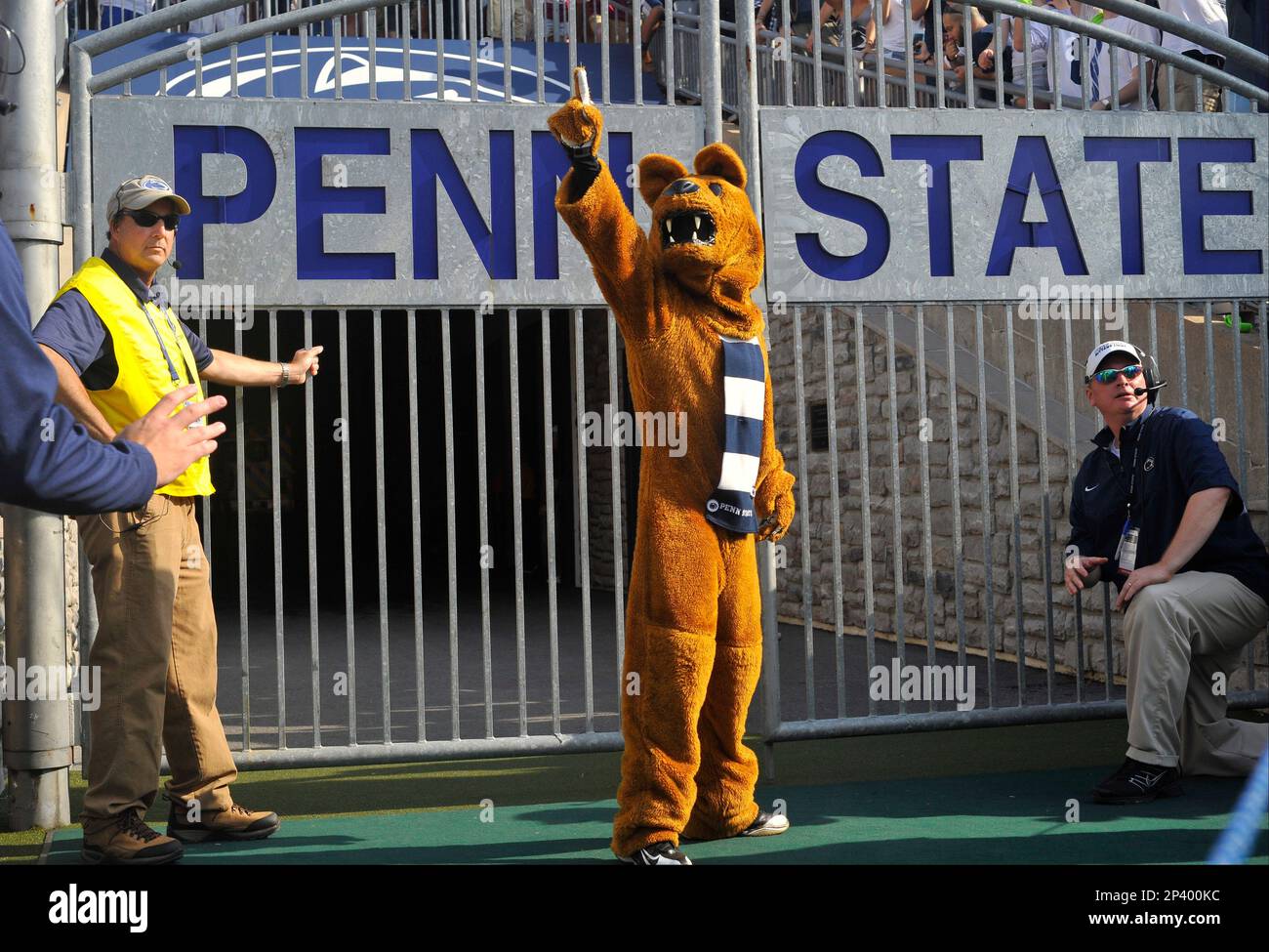 20 September 2014: The Penn State Nittany Lion mascot holds up one ...