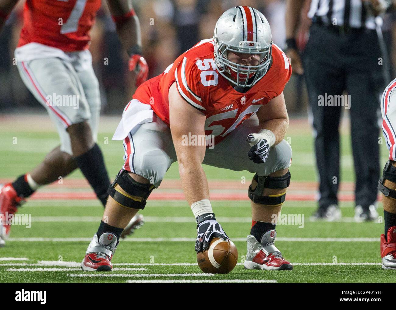 27 September 2014: Offensive linesman Jacoby Boren (50) of the Ohio ...