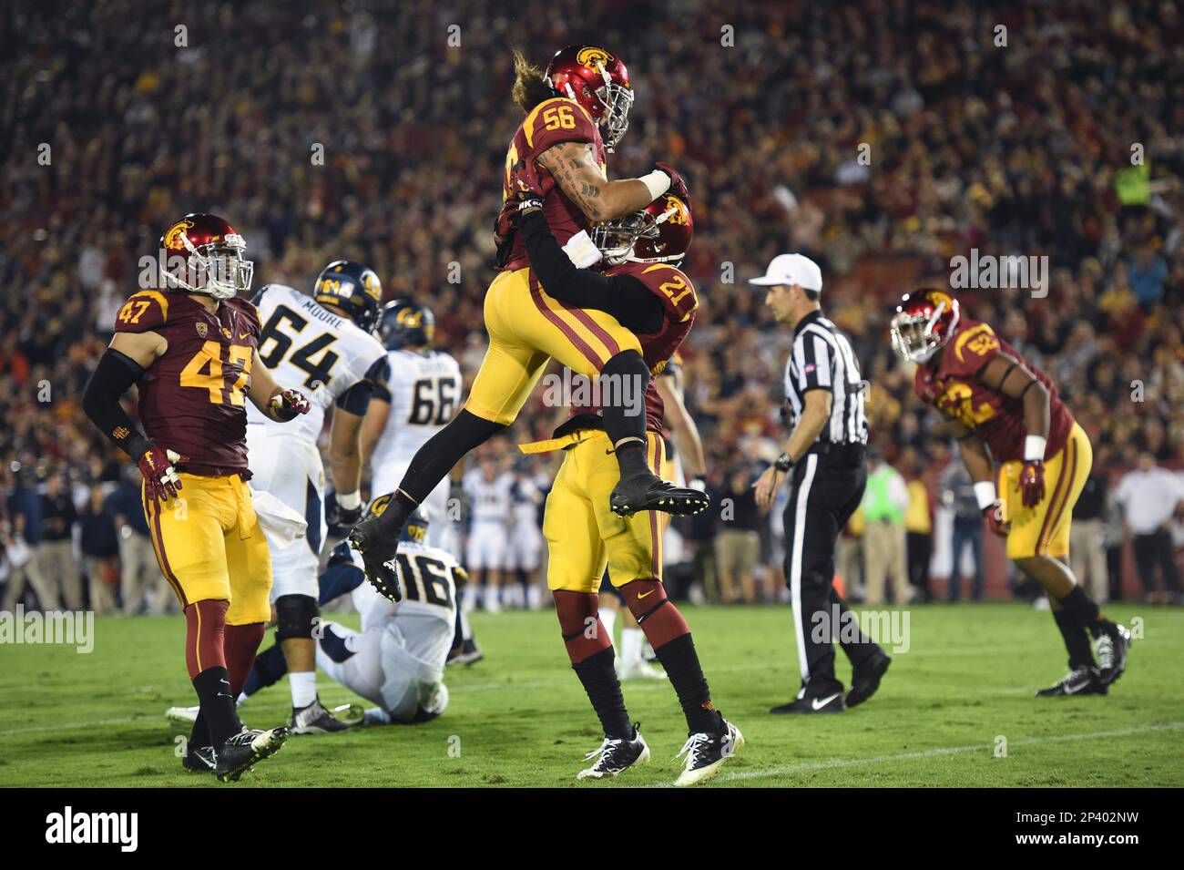 13 November 2014: USC Trojans linebacker Anthony Sarao (56) celebrates ...