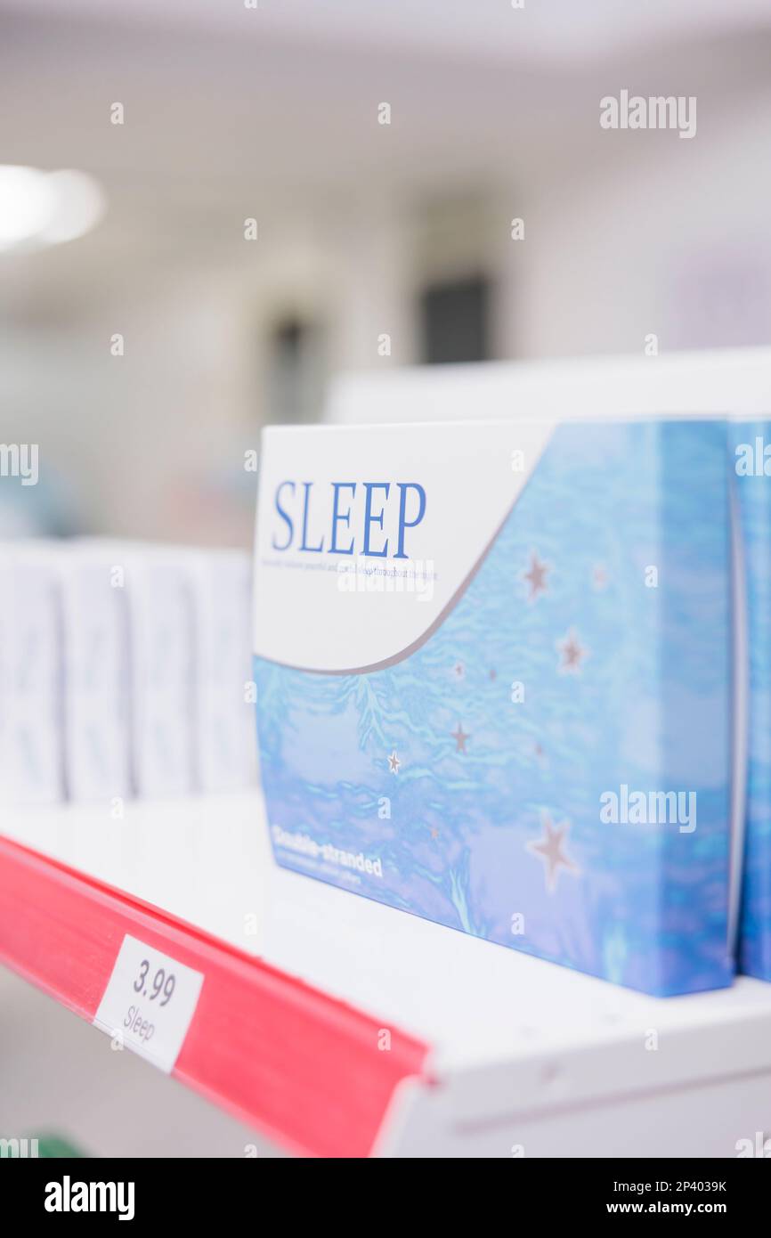 Empty healthcare retail store with shelves full of sleeping pills ...