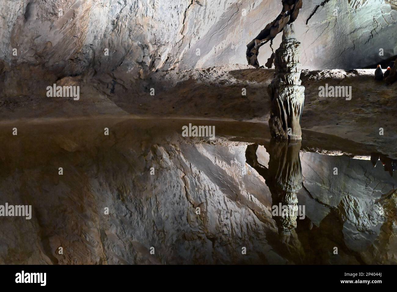 Large limestone stalagmite reflected in tranquil cave pool inside ...