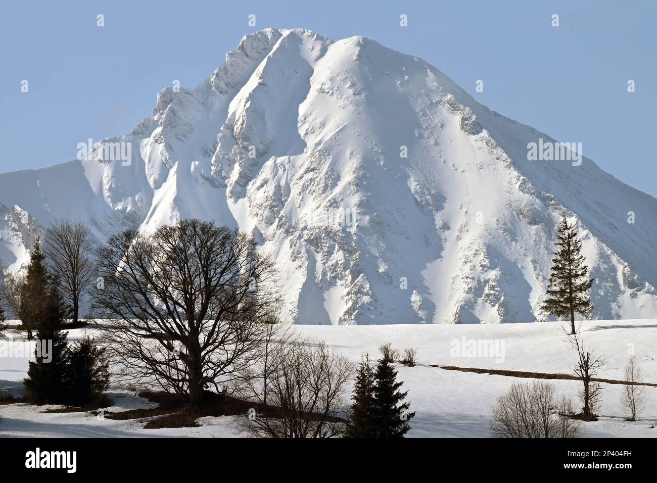 Scenic view of Belianske Tatry mountain range covered in snow, with ...