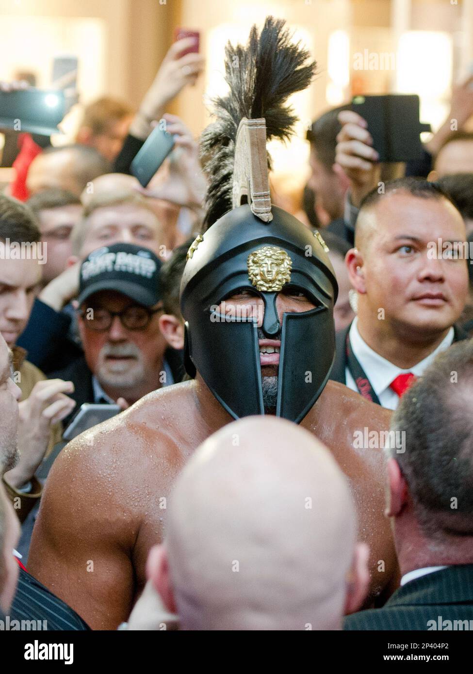 US boxer Shannon Briggs wears a gladiator helmet during the weigh-in ...