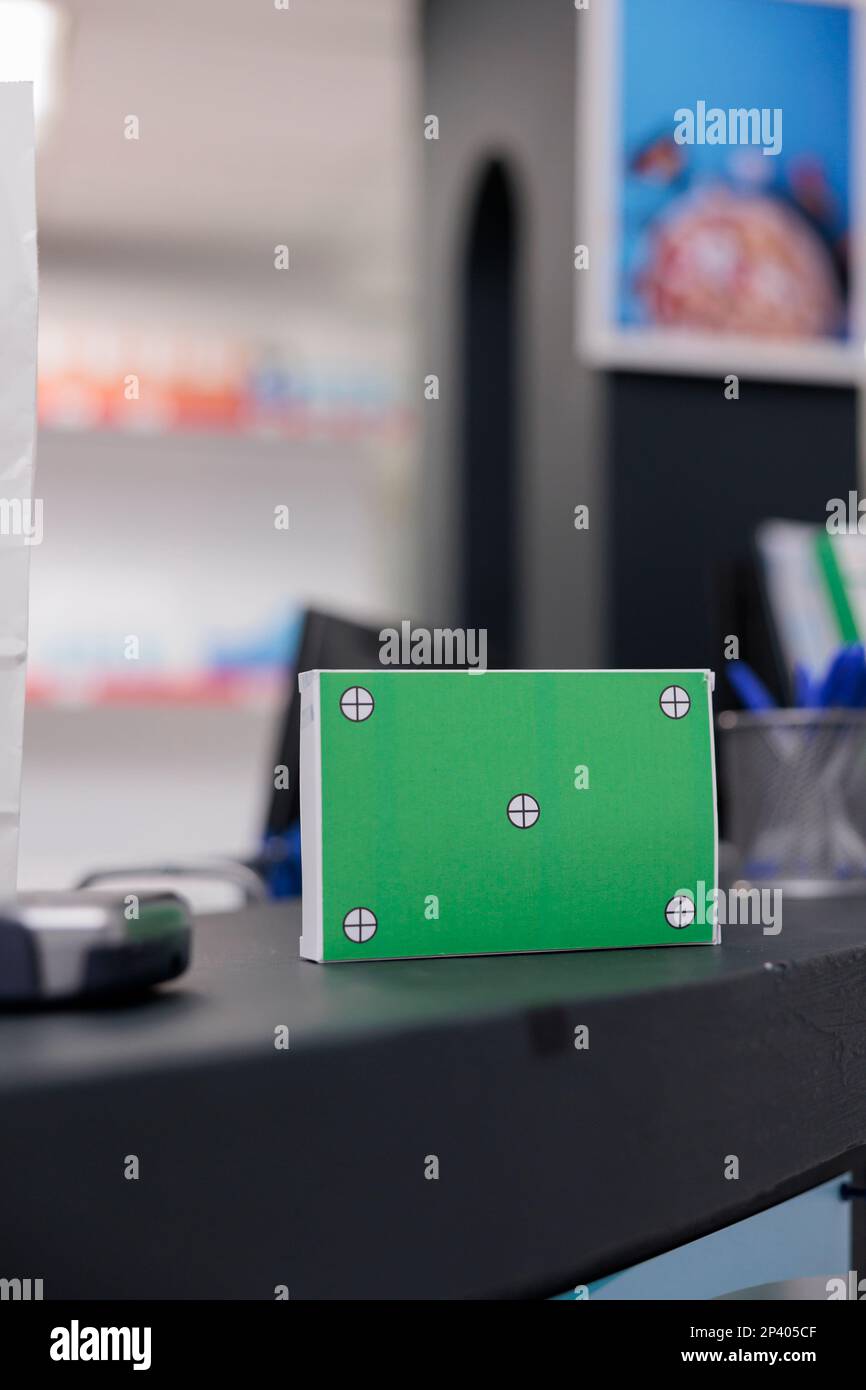 Empty pharmacy with green screen mock up chroma key medicaments package ...