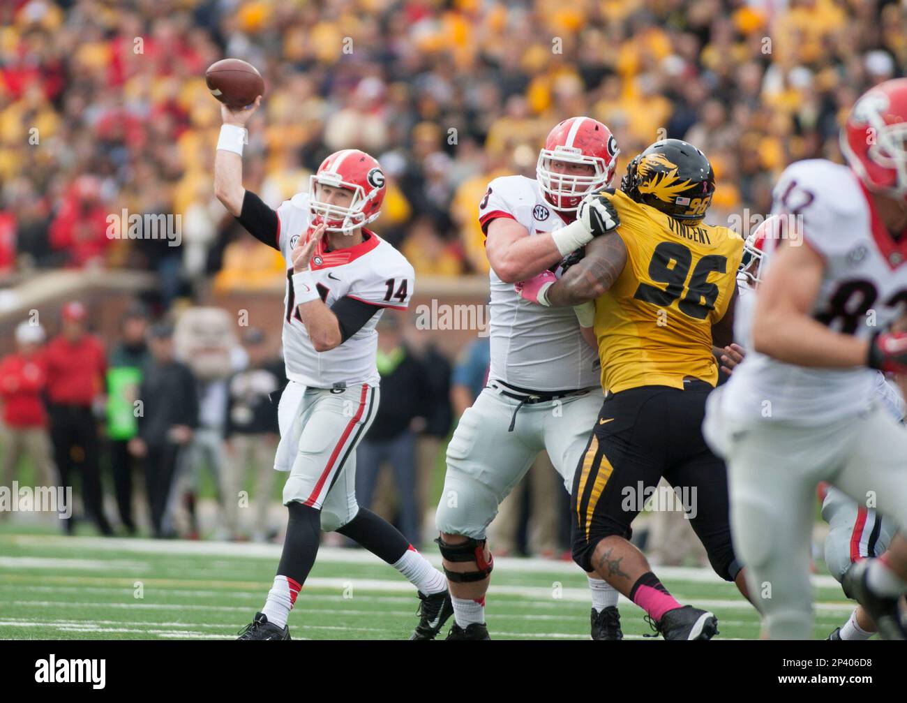 11 October 2014: Georgia quarterback Hutson Mason (14) attempts a pass ...