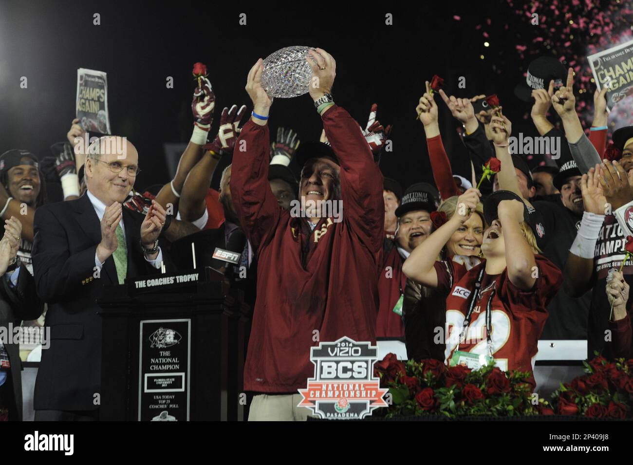 January 6, 2014: Florida State Head Coach Jimbo Fisher holds up the ...