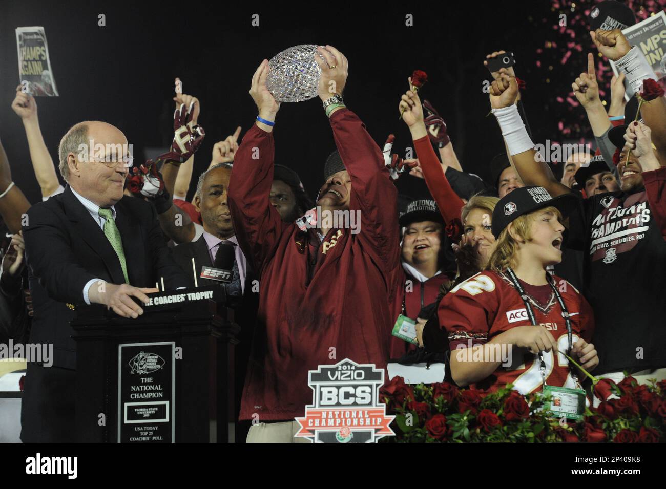January 6, 2014: Florida State Head Coach Jimbo Fisher holds up the ...