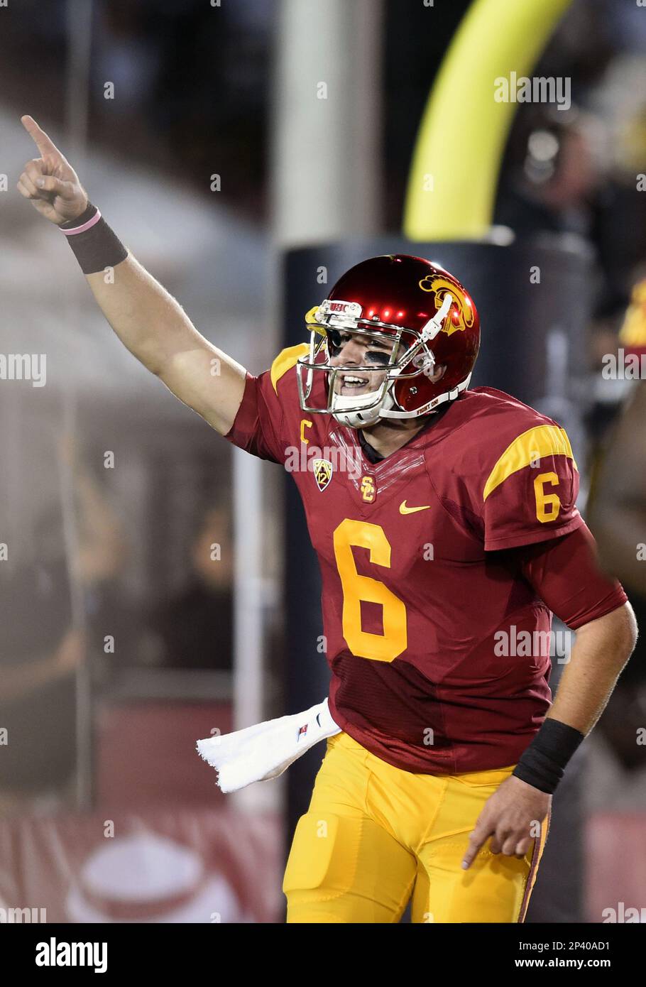 13 November 2014: USC Trojans quarterback Cody Kessler (6) points to ...