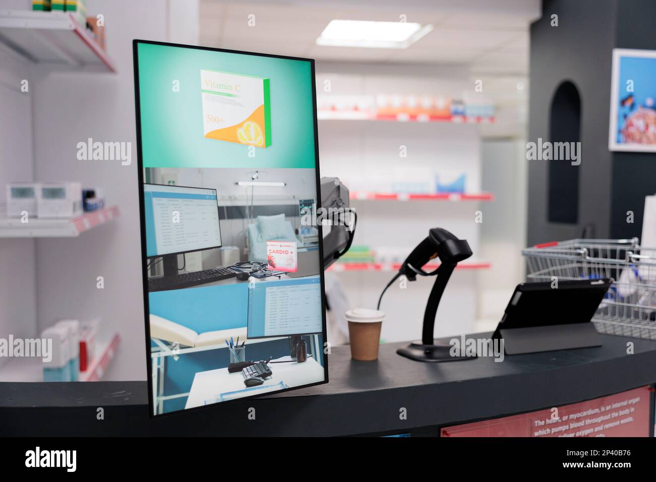 Pharmacy store counter desk with shelves showing health care adds and ...