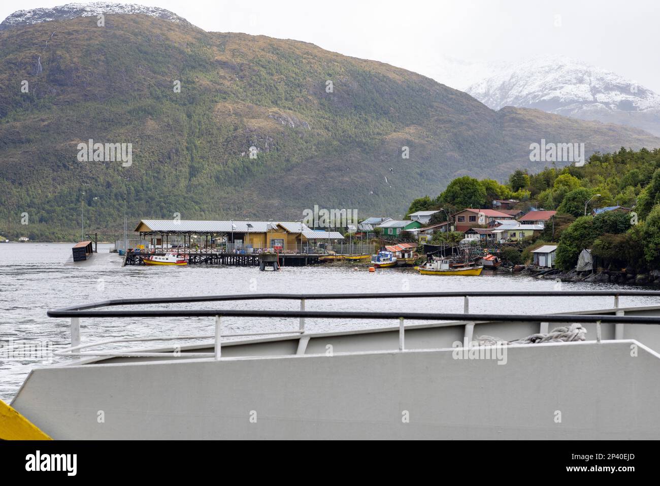 Puerto Edén viewed from a ferry cruising through the fjords of southern ...